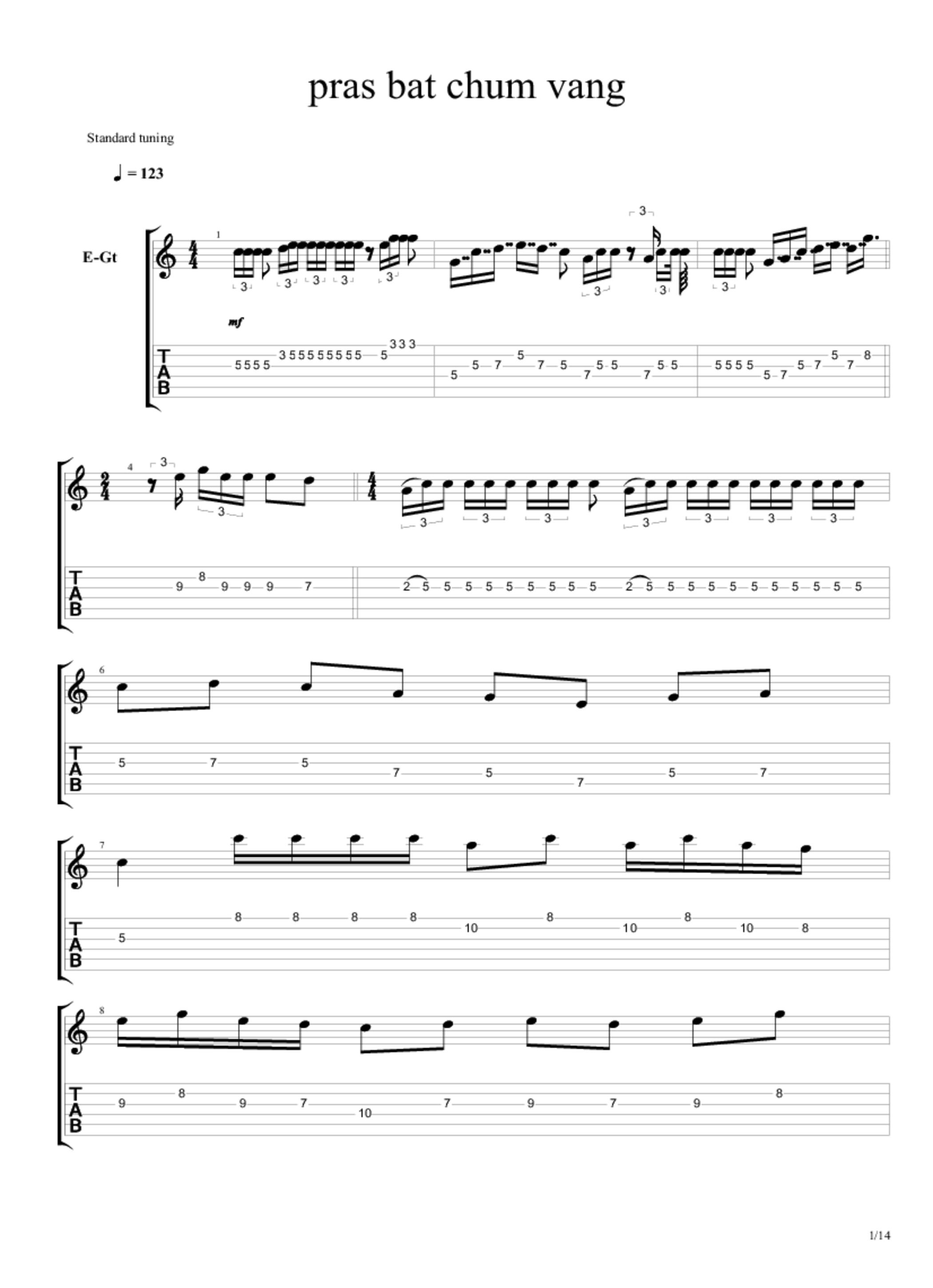 ព រ ប ទជ វ ង pras bat chum vang/Guitar instrumental Tab - Tola Solo